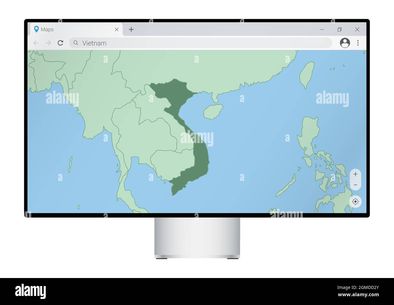 Computer monitor with map of Vietnam in browser, search for the country ...