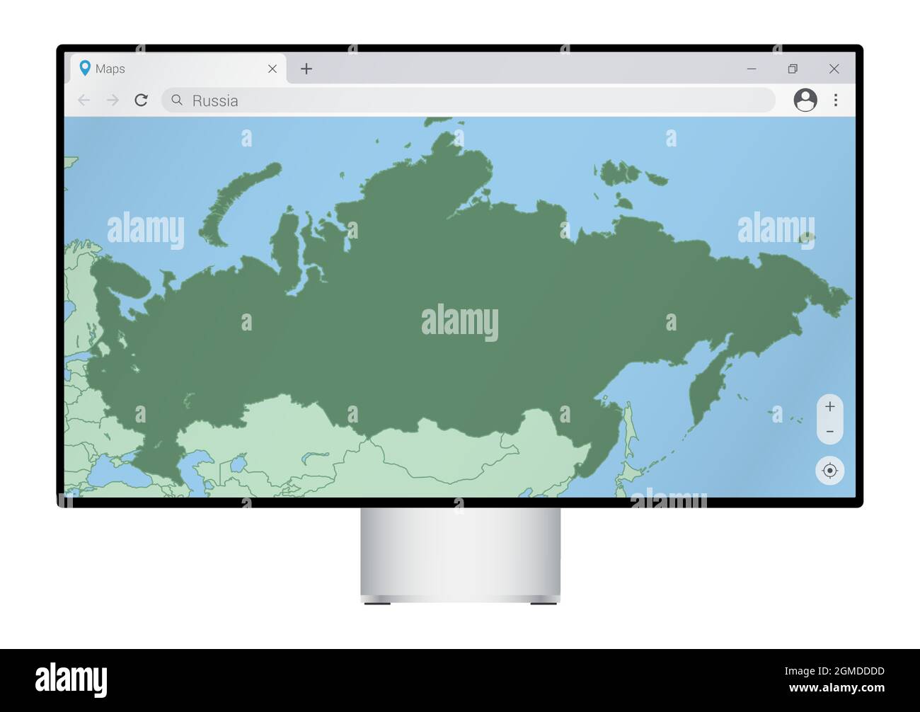 Computer monitor with map of Russia in browser, search for the country ...