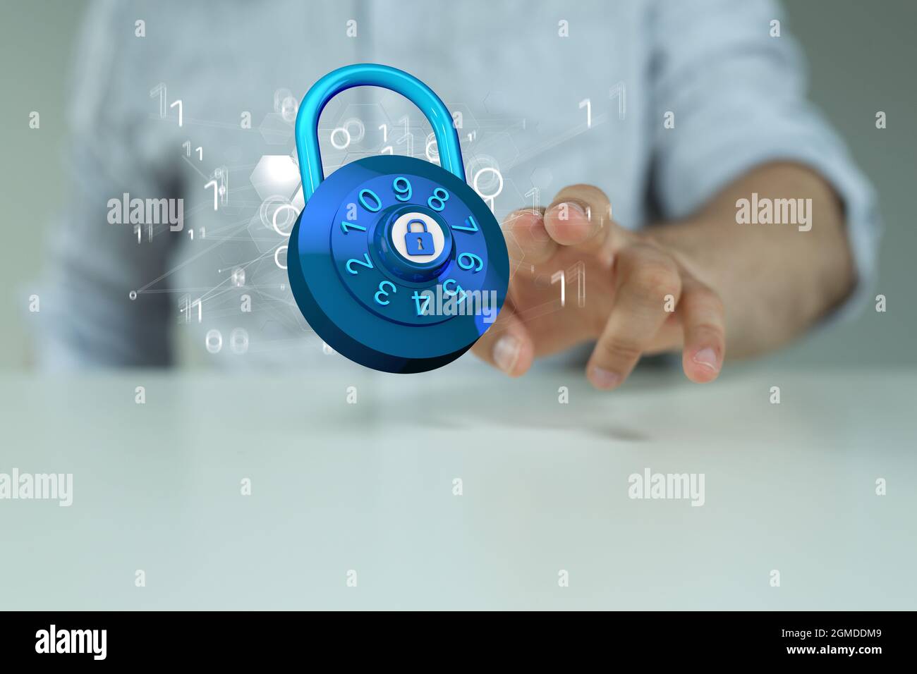 Male hand with 3d render of cybersecurity of digital network systems ...