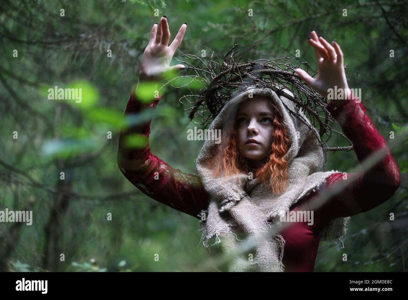 Fortune-teller conducts a ritual in the depths of the forest Stock ...