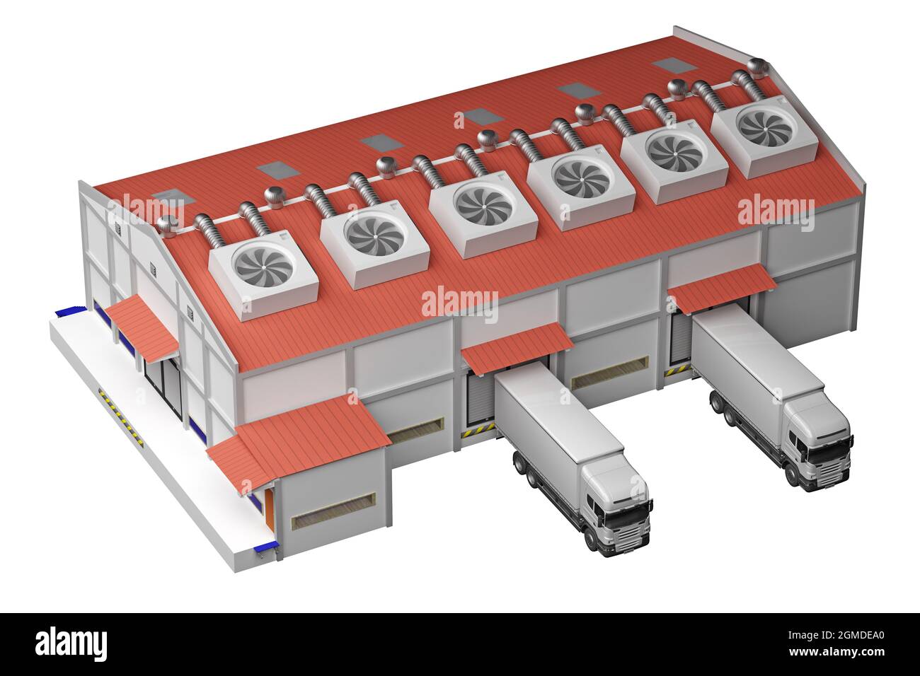 air conditioners on roof of building warehouse above view. 3d rendering ...