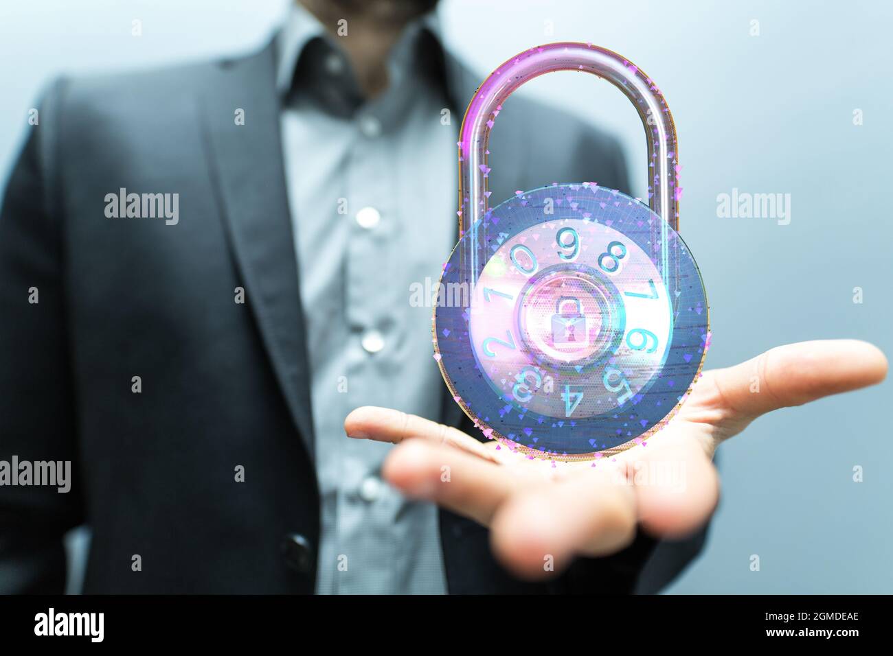 Male hand with 3d render of cybersecurity of digital network systems ...