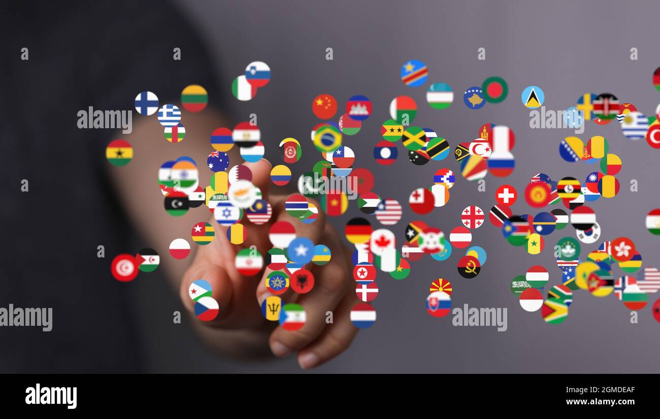 Male hands with 3D render of World map and their flags Stock Photo - Alamy