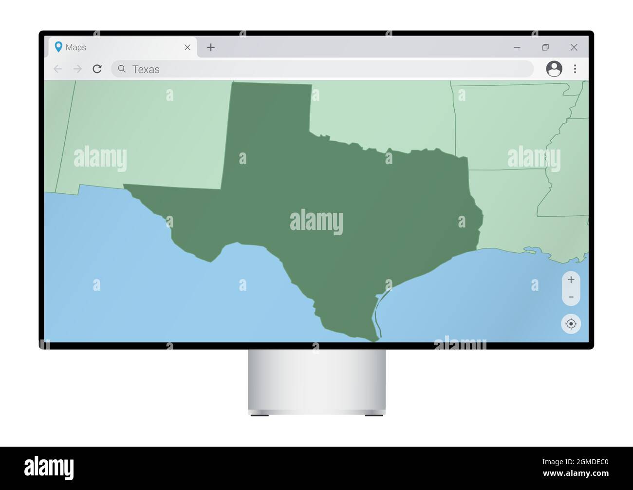 Computer monitor with map of Texas in browser, search for the country ...