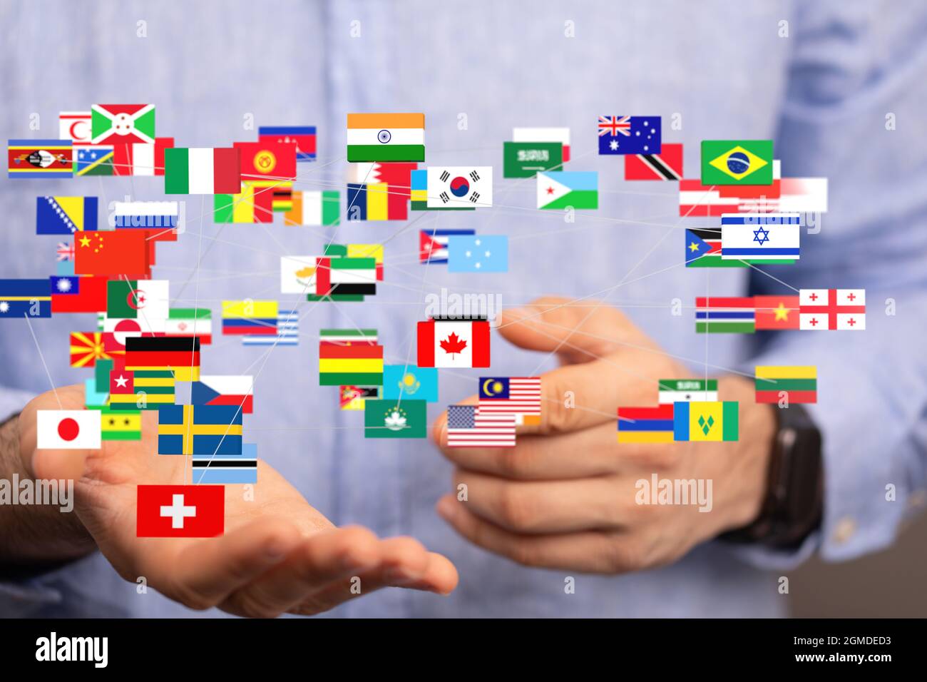Male hands with 3D render of World map and their flags Stock Photo - Alamy
