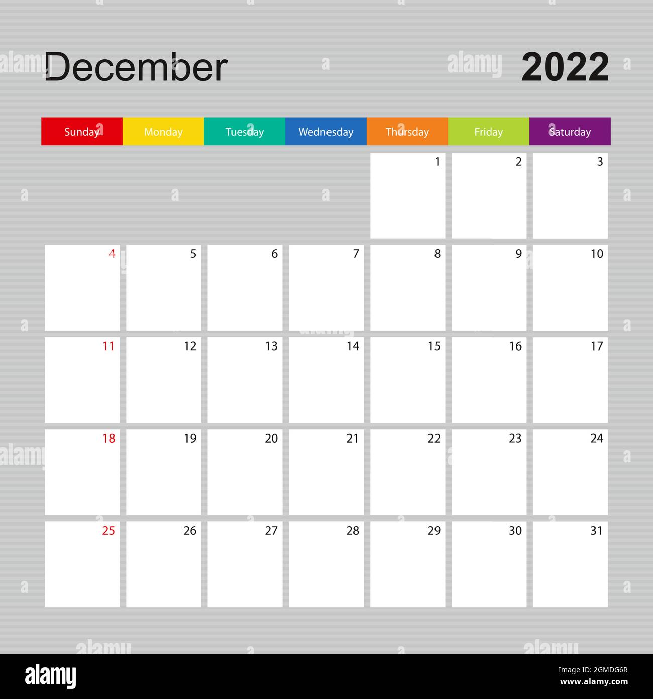 Сalendar page for December 2022, wall planner with colorful design ...