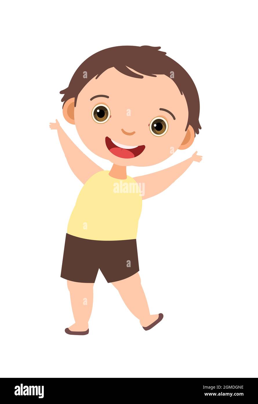 Child funny. Little boy. In yellow clothes. Kid jumps for joy. Charming ...