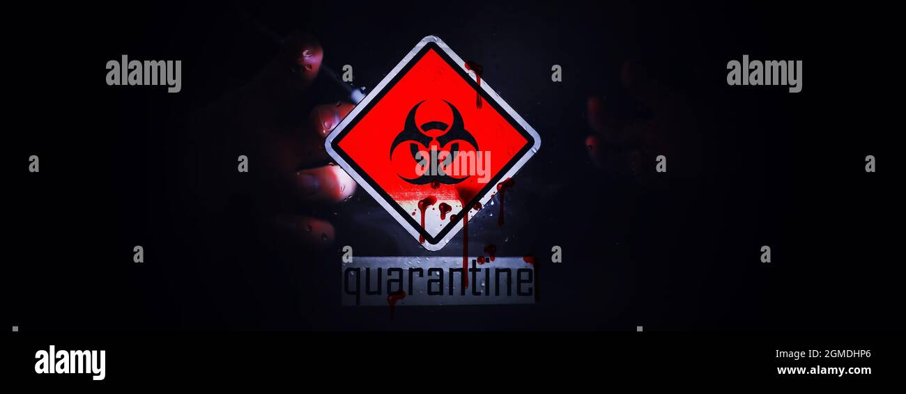Quarantine. Quarantine warning sign on a glass door in hospital ...