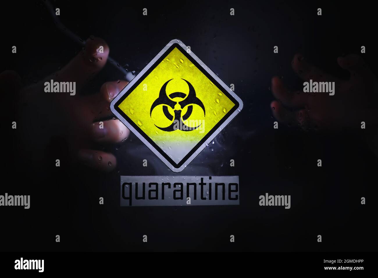 Quarantine. Quarantine warning sign on a glass door in hospital ...