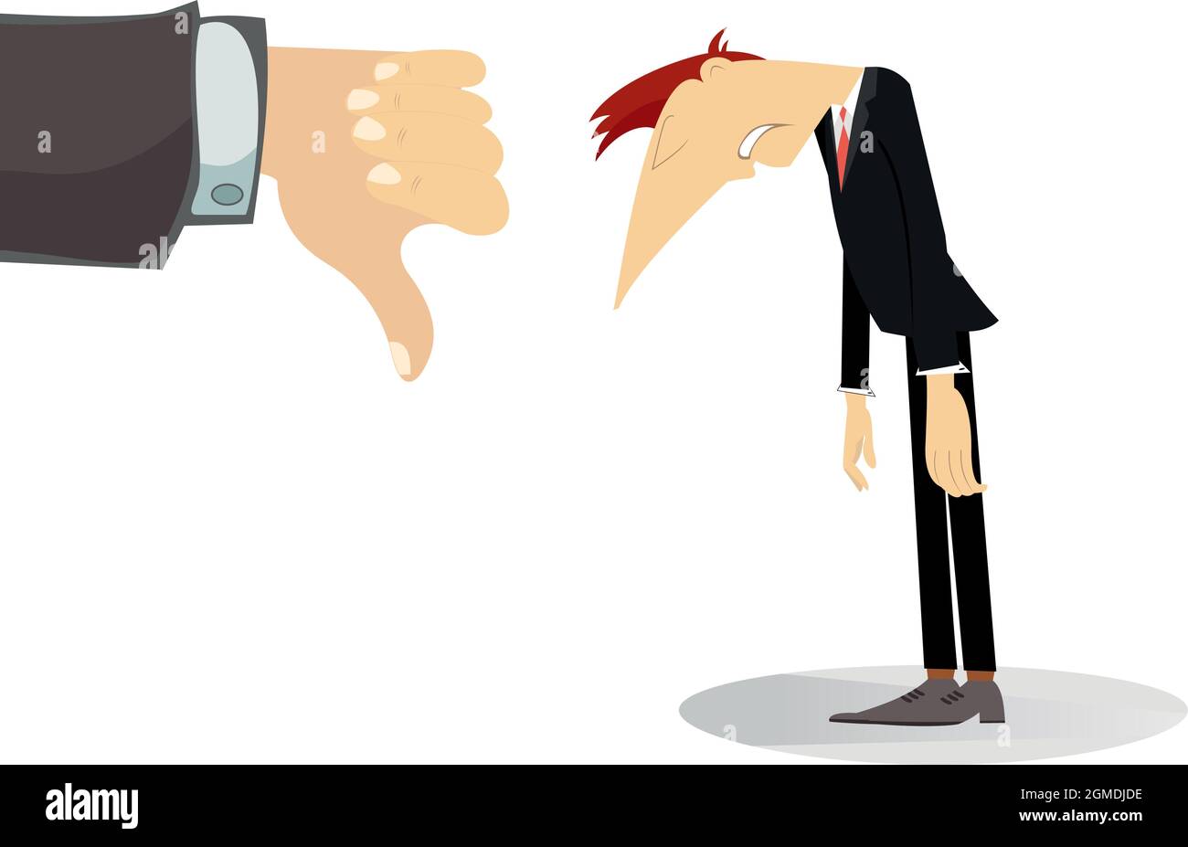 Businessman and a hand with thumb down. Sad businessman with head down ...
