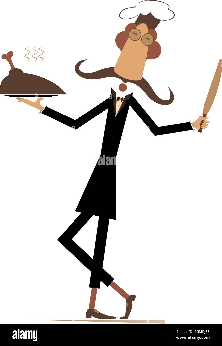 Comic cook carries a tray with meat illustration. Long mustache comic ...