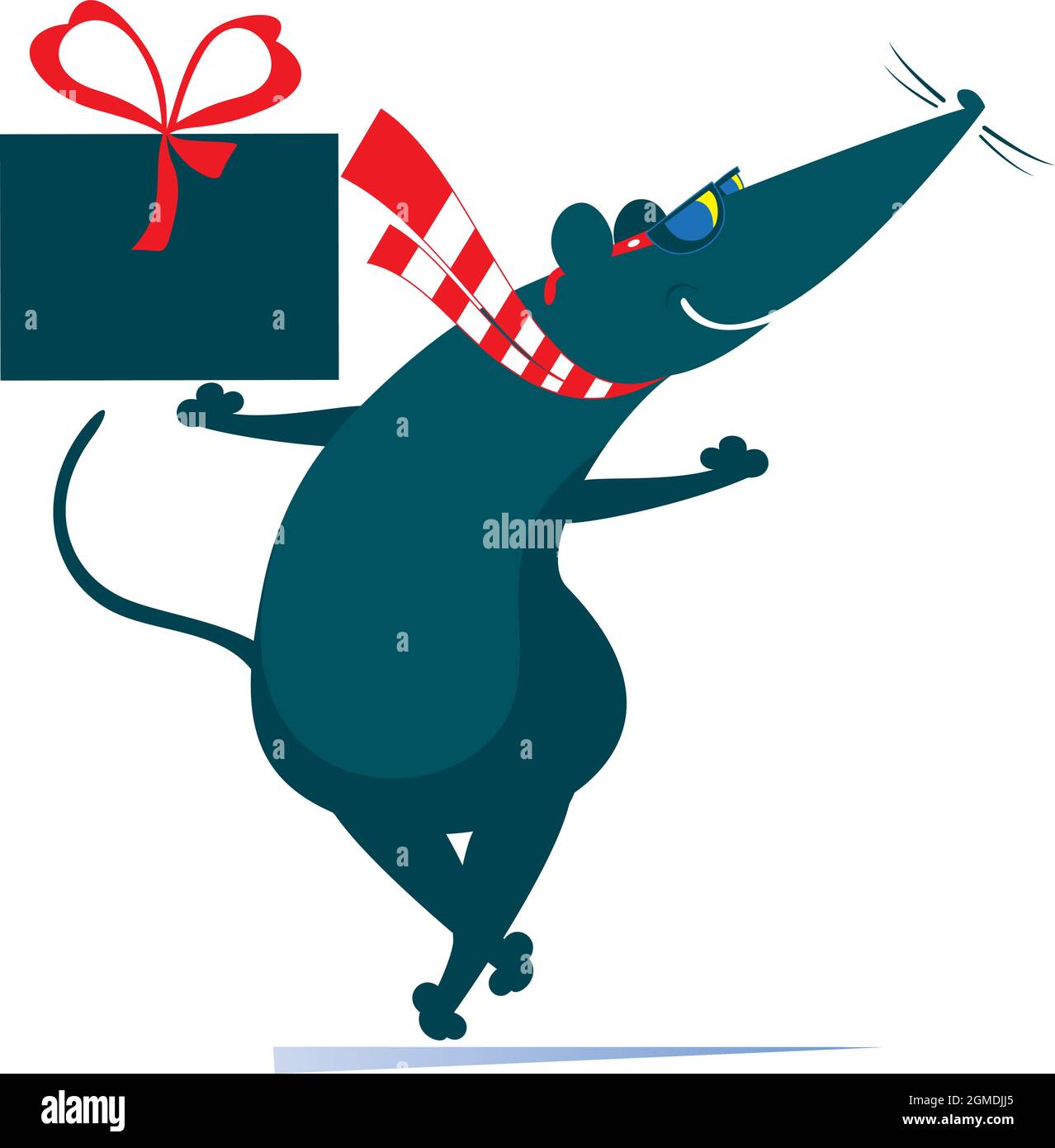 Cartoon rat or mouse holds a present box with ribbon illustration ...