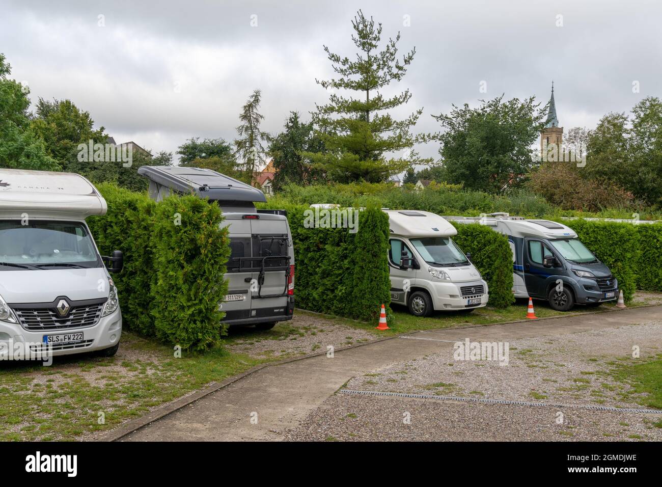 Mikolajki, Poland - 1 September, 2021: camper vans parked in narrow ...