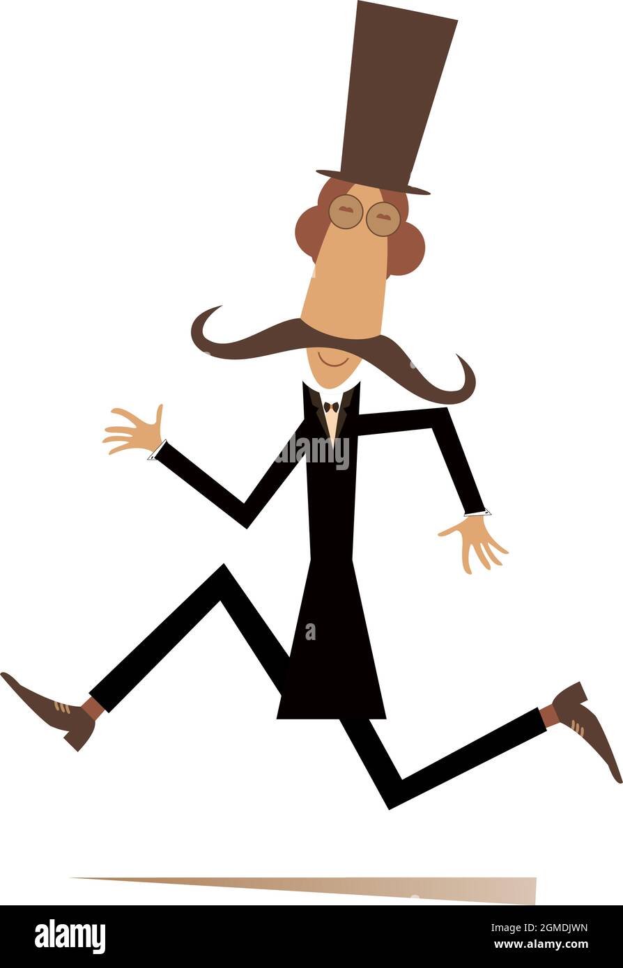 Comic runner mustache man in the top hat isolated illustration. Comic ...