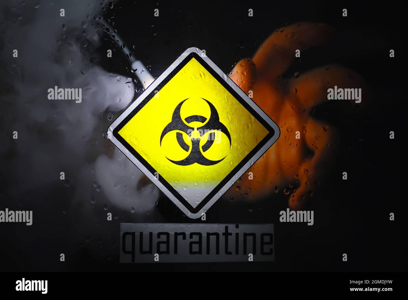 Quarantine. Quarantine warning sign on a glass door in hospital ...