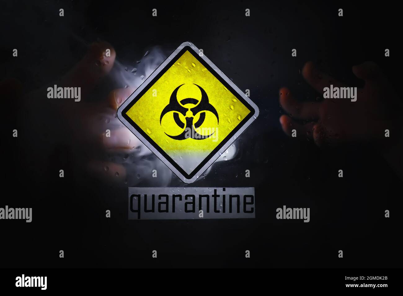 Quarantine. Quarantine warning sign on a glass door in hospital ...