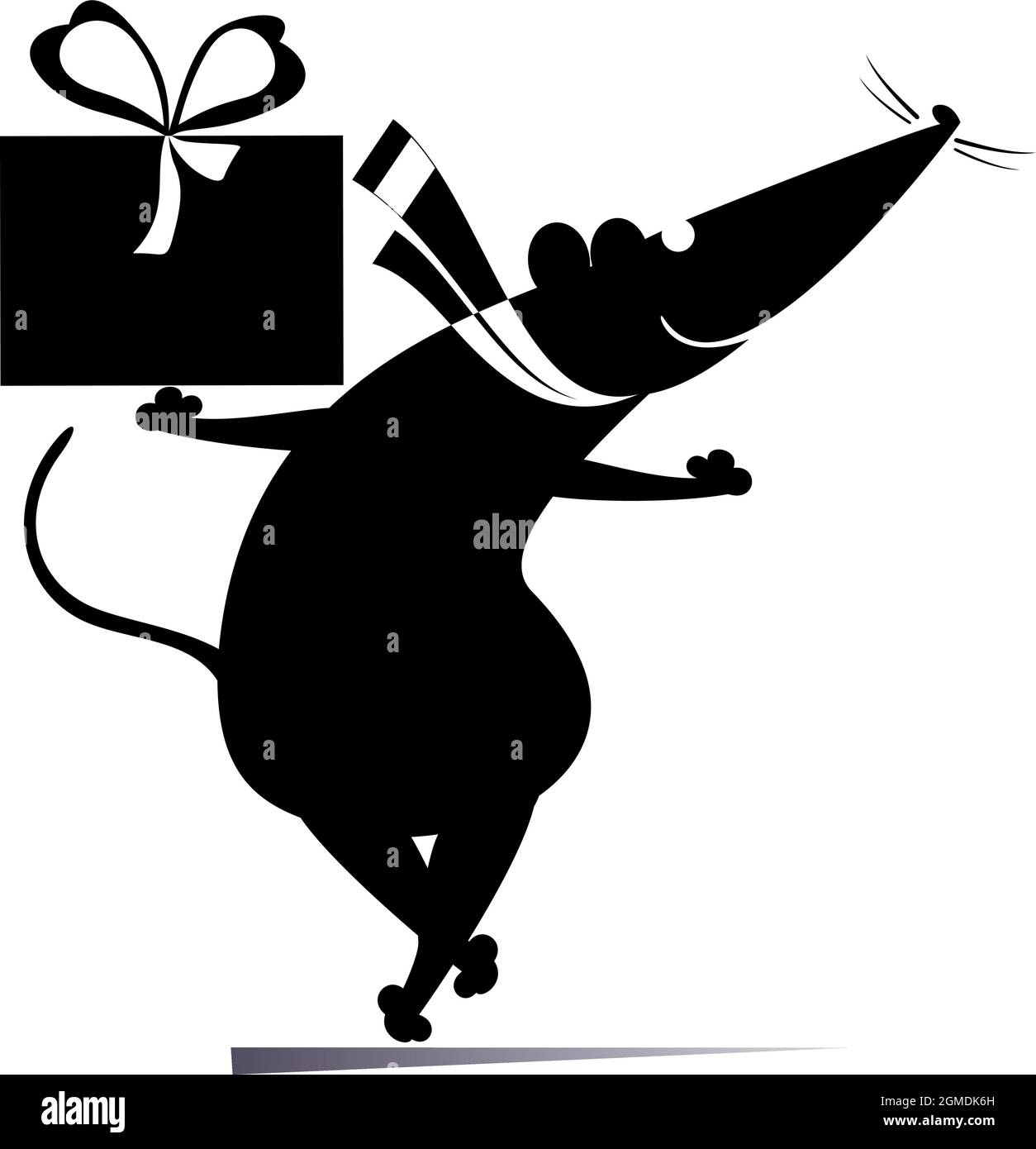 Cartoon rat or mouse holds a present box with ribbon illustration ...