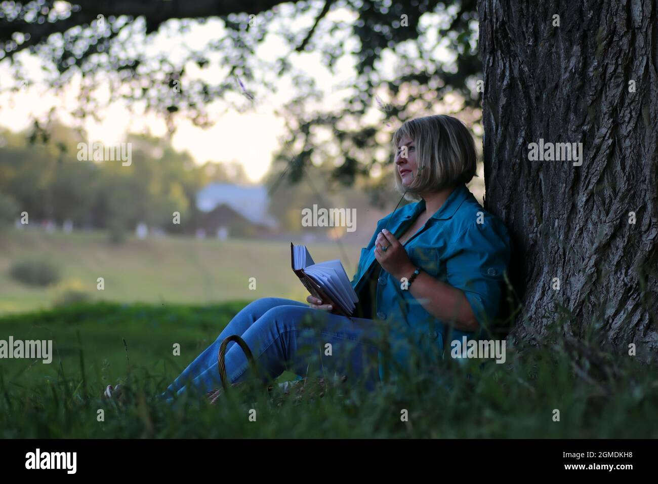 woman in the park tree reading book Stock Photo - Alamy