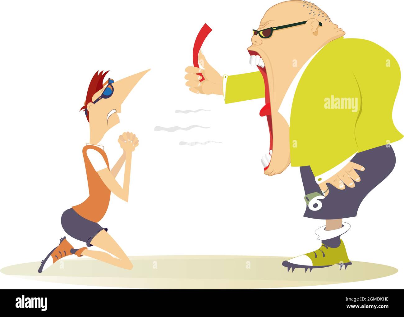 Shouting referee holds a red card and player illustration. Angry ...