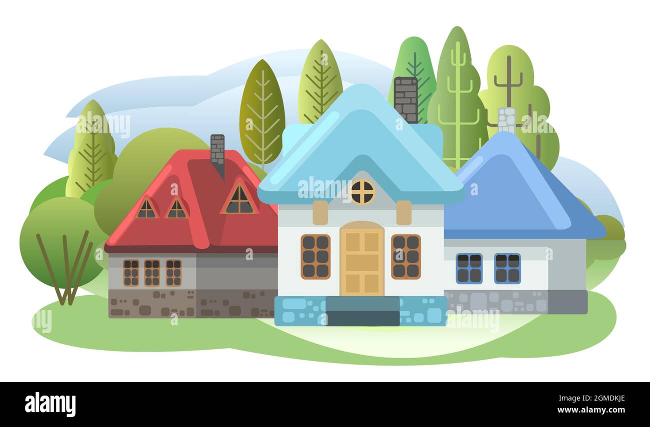 Cozy houses. Funny cartoon style. Country suburban village. Farm hut in ...