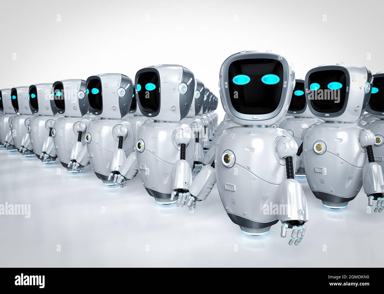 Leadership concept with 3d rendering assistant robot standing in a row ...