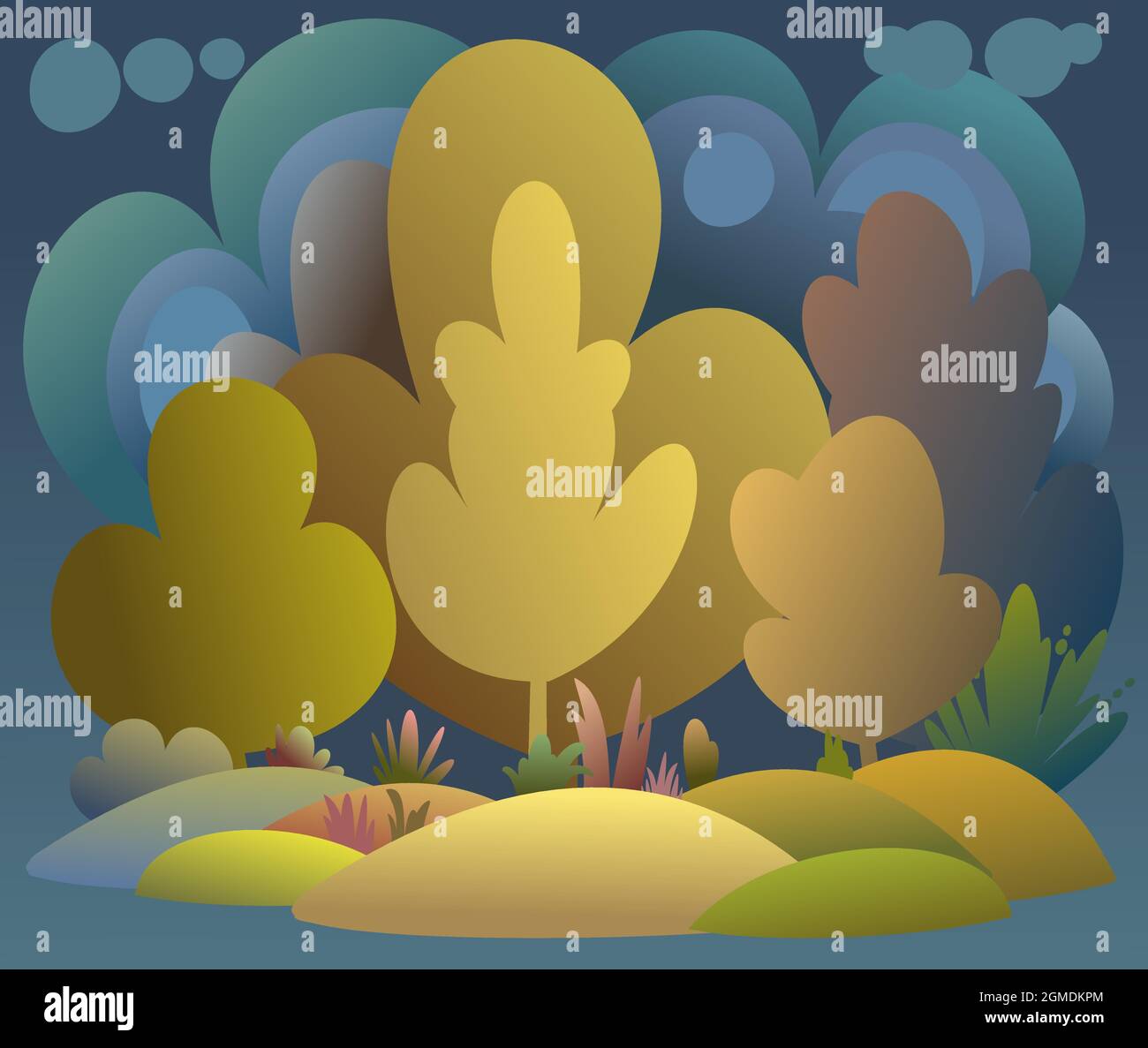 Flat autumn forest. Night landscape with trees. Illustration in a ...