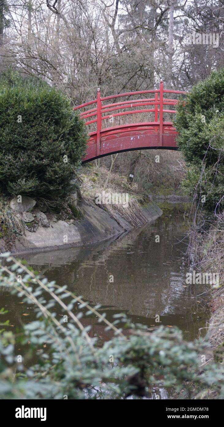 Red bridge over the river in a fall forest Stock Photo - Alamy