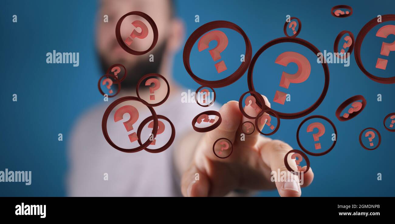 3D rendering of infinite question marks with a male's hand pointing on ...