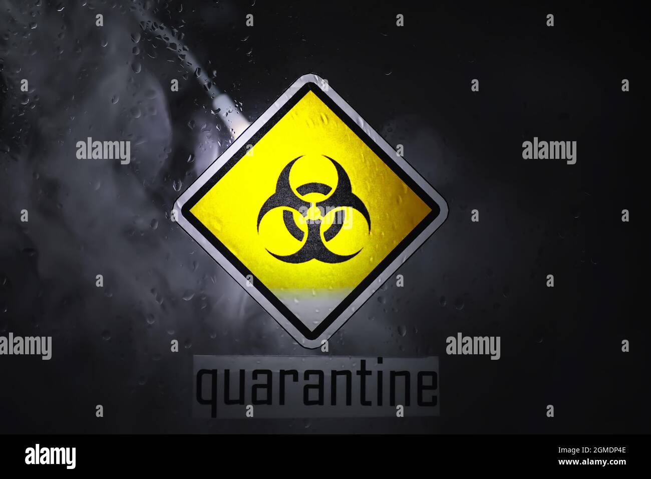 Quarantine. Quarantine warning sign on a glass door in hospital ...