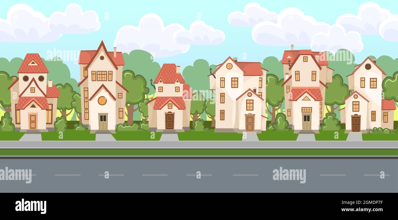 Street. Cartoon houses with a road. Asphalt. Village or town ...