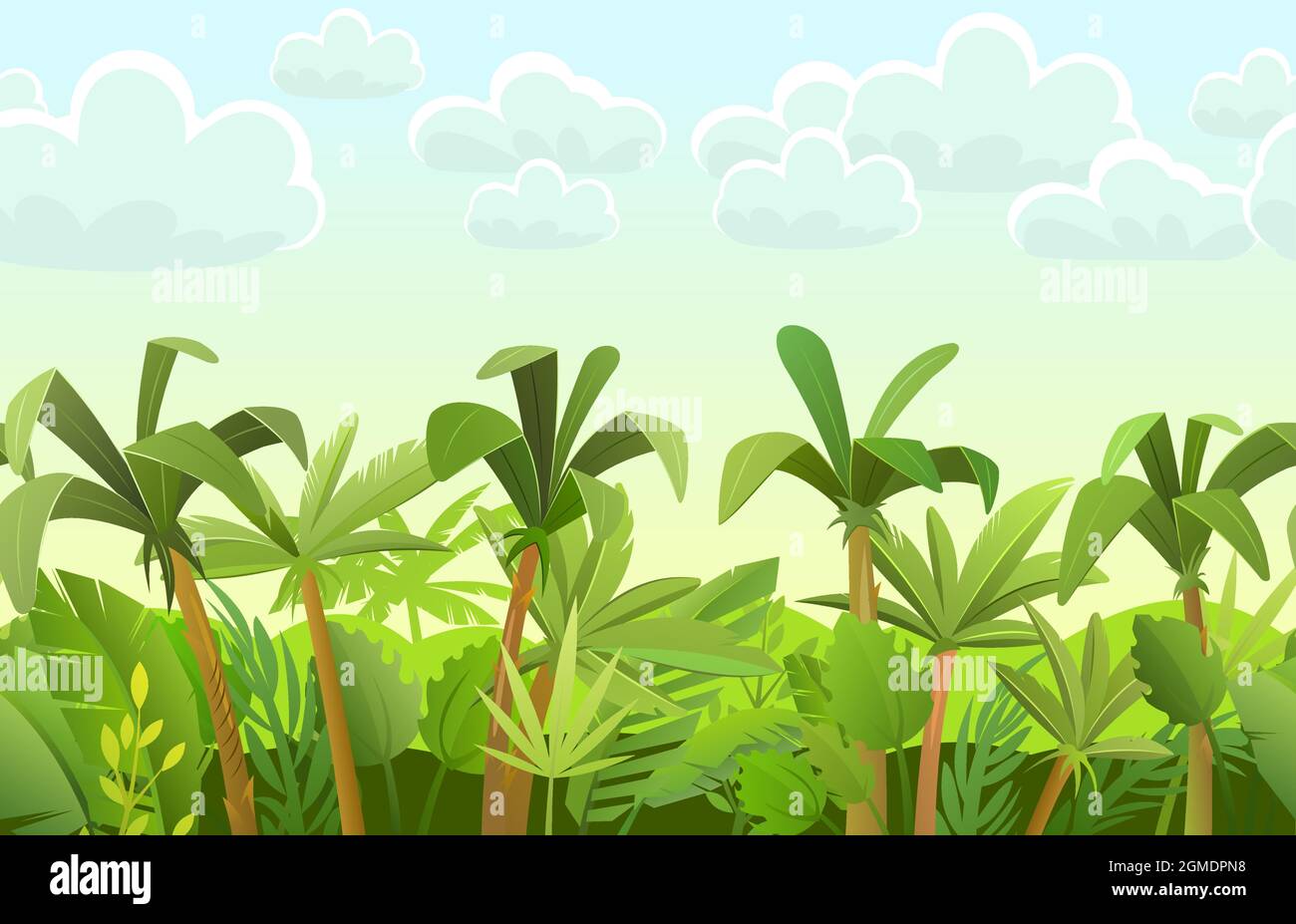 Rainforest background. Jungle trees. Cartoon fun style. Morning sky ...