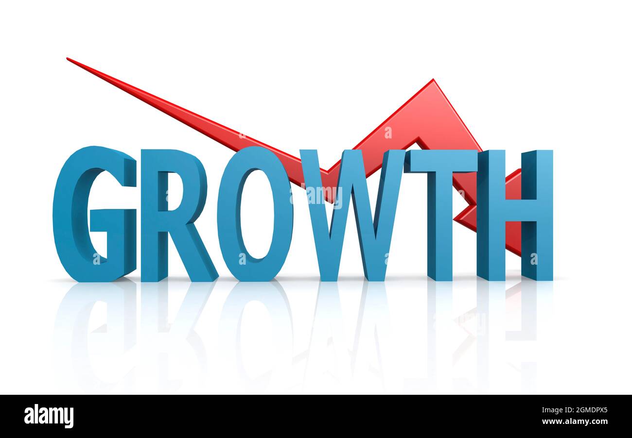 Growth word with red downward arrow, 3D rendering Stock Photo - Alamy