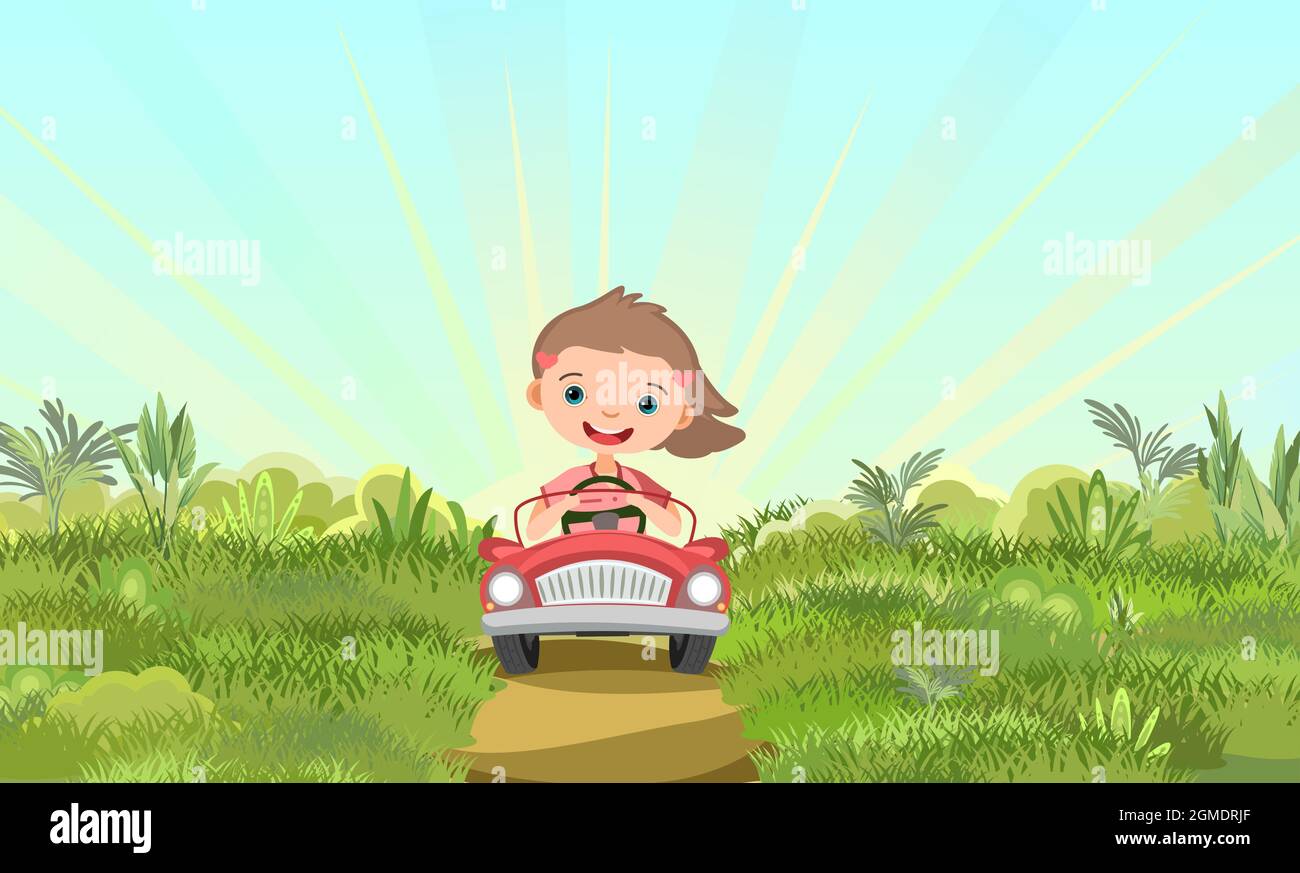 Childrens adventure in small car on suburban. Kid drives pedal or ...