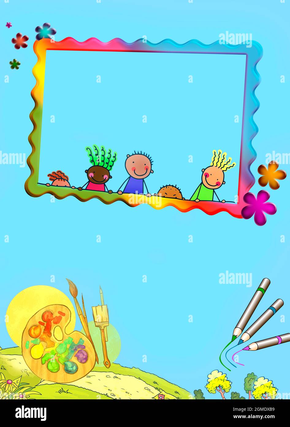 Happy children frame for children's postcard, light, flowers, joy Stock ...