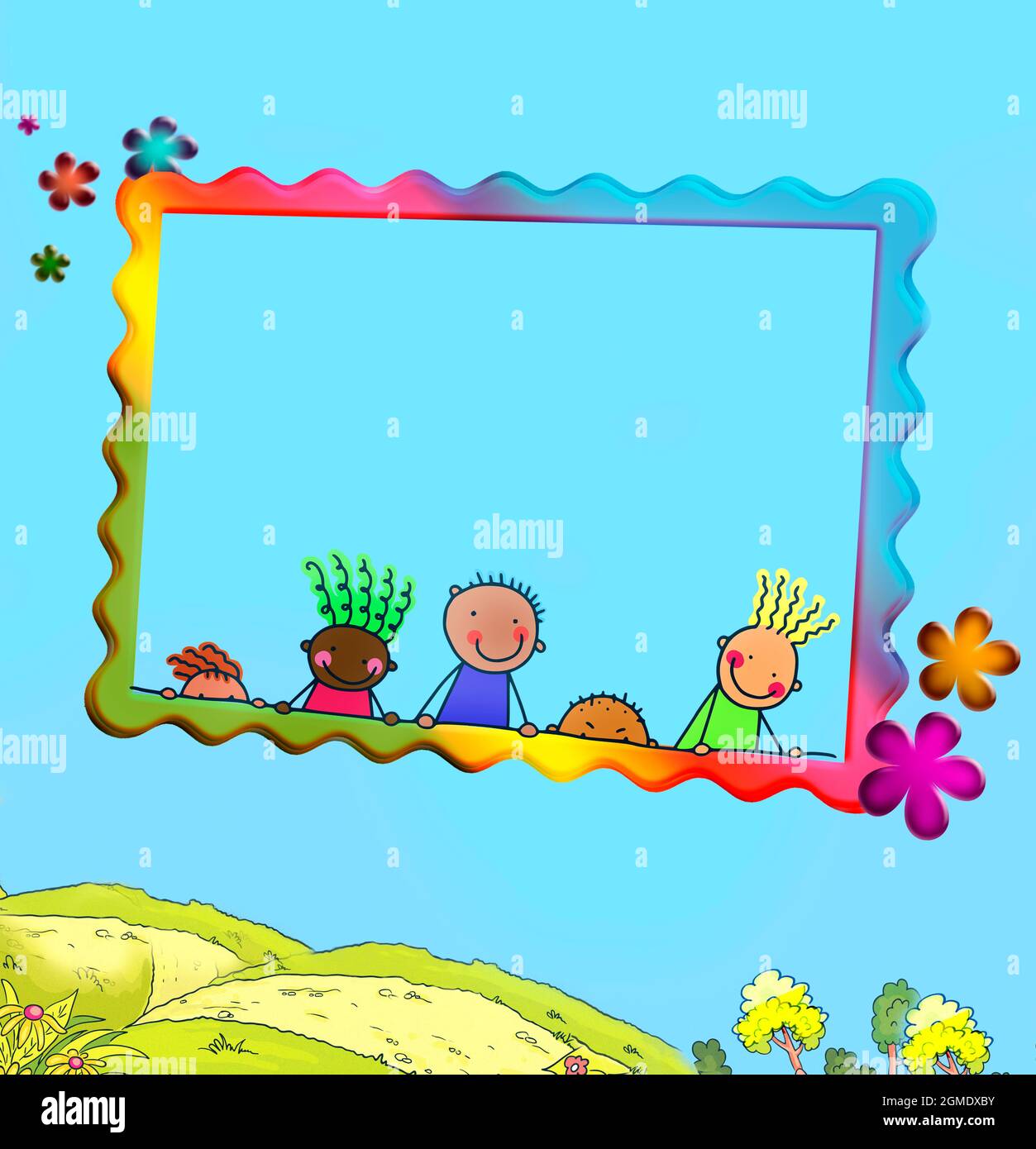 Happy children frame for children's postcard, light, flowers, joy Stock ...