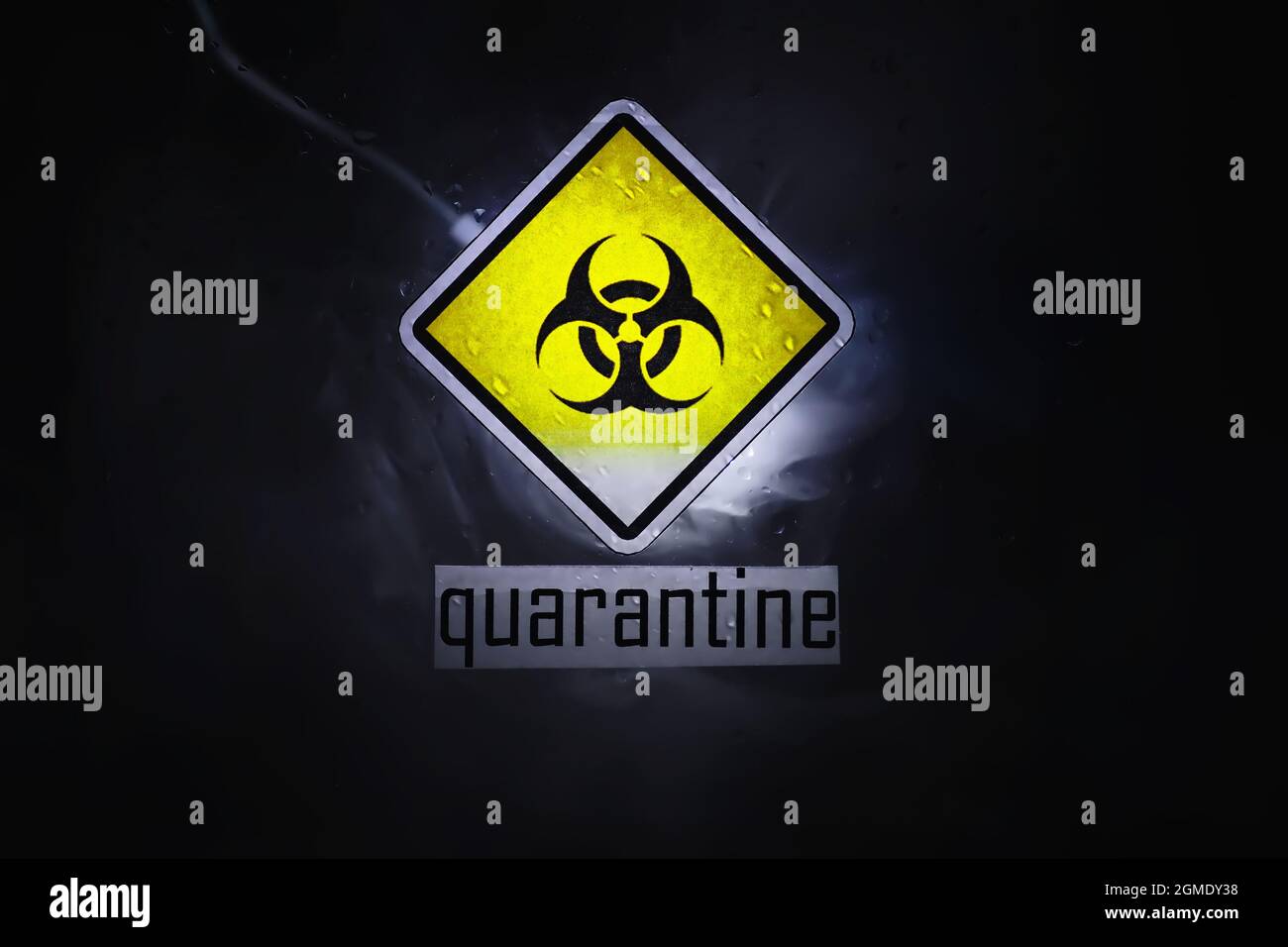 Quarantine. Quarantine warning sign on a glass door in hospital ...