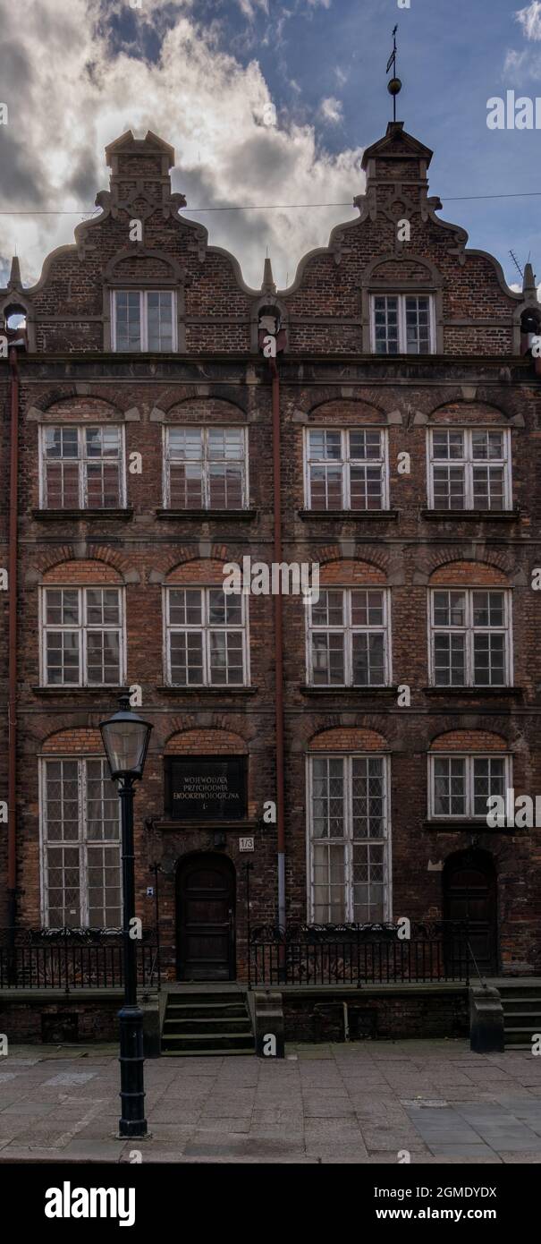 Danzig, Poland - 2 September, 2021: vertical panorama of old brownstone ...