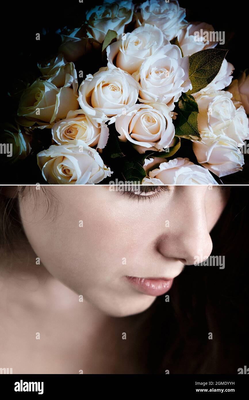 melancholic girl with roses on the head Stock Photo - Alamy