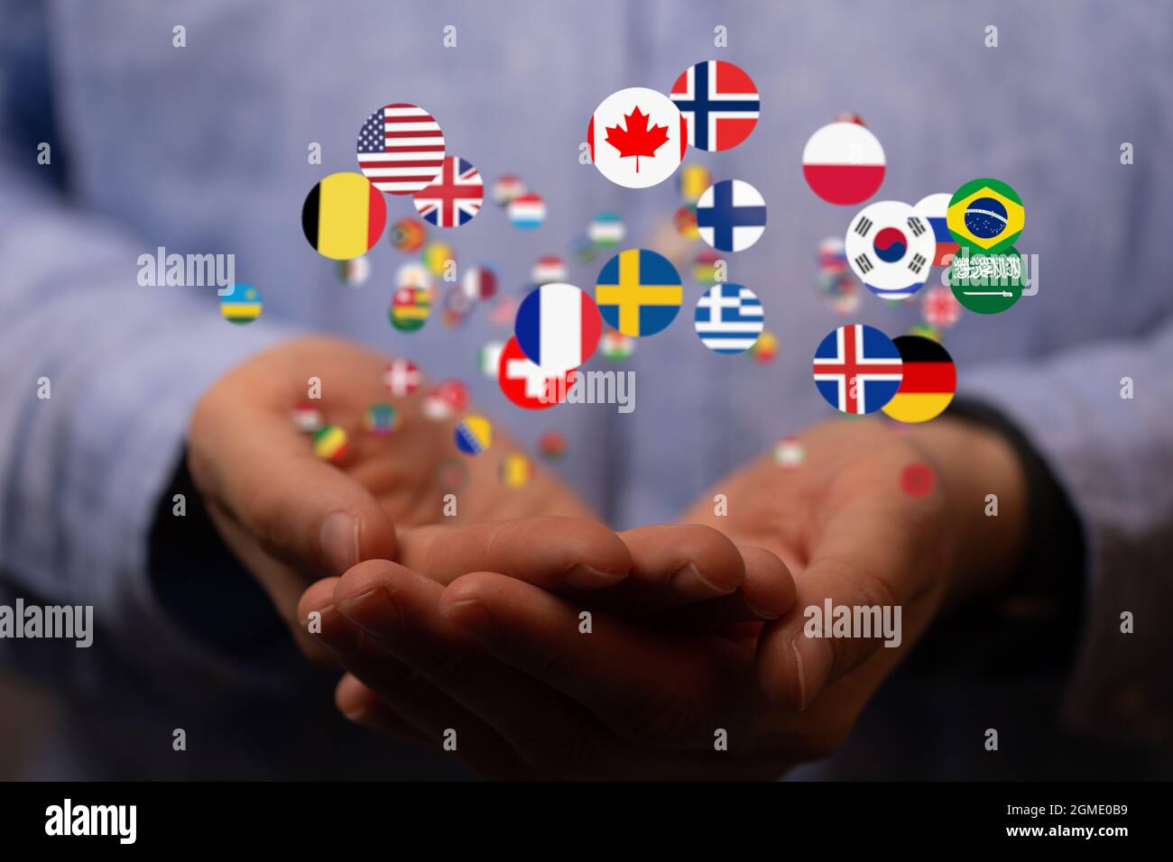3D rendering of two hands holding international country flags Stock ...