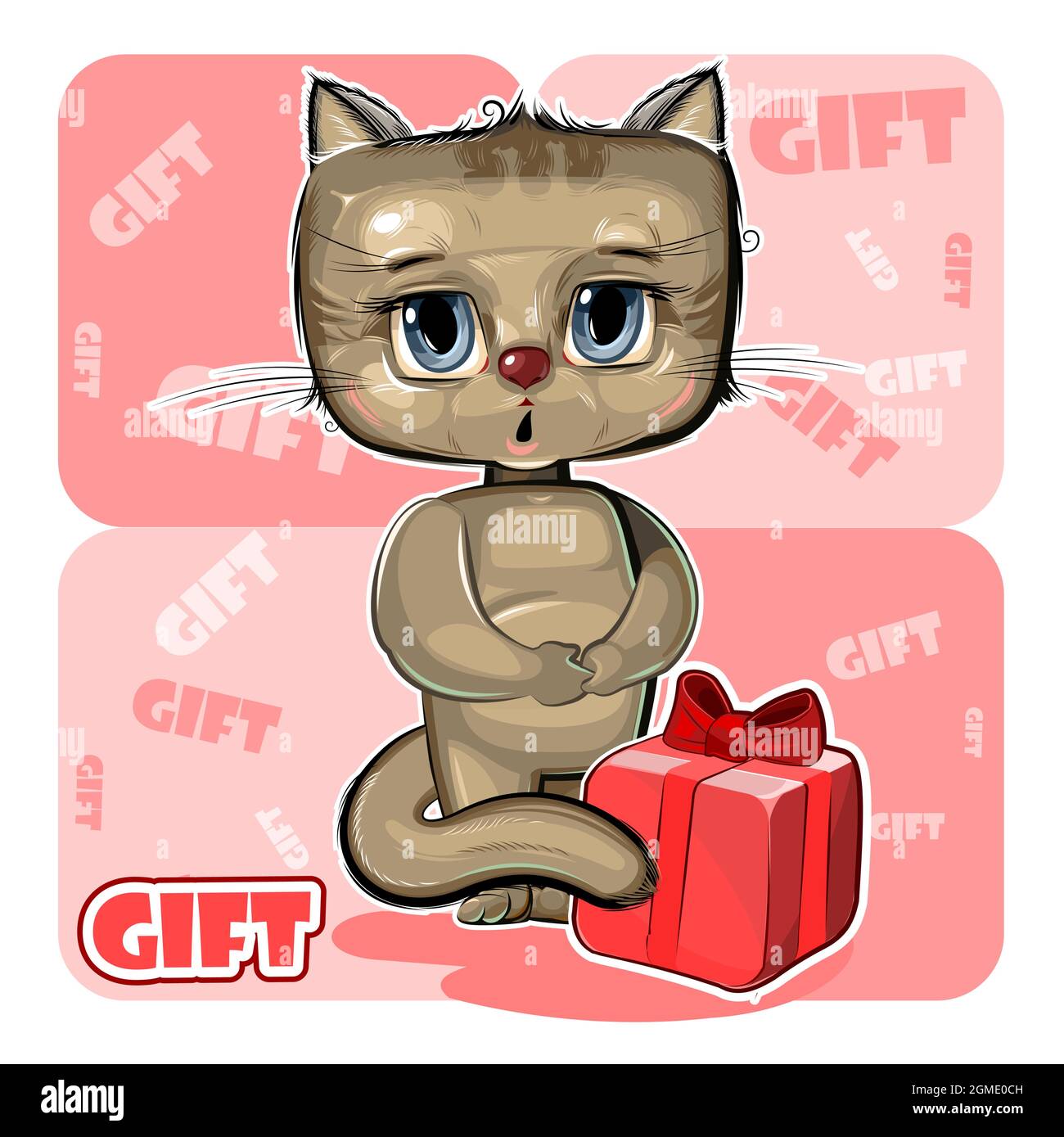 Little baby Cat received gift. Red box with ribbon and bow. He is ...
