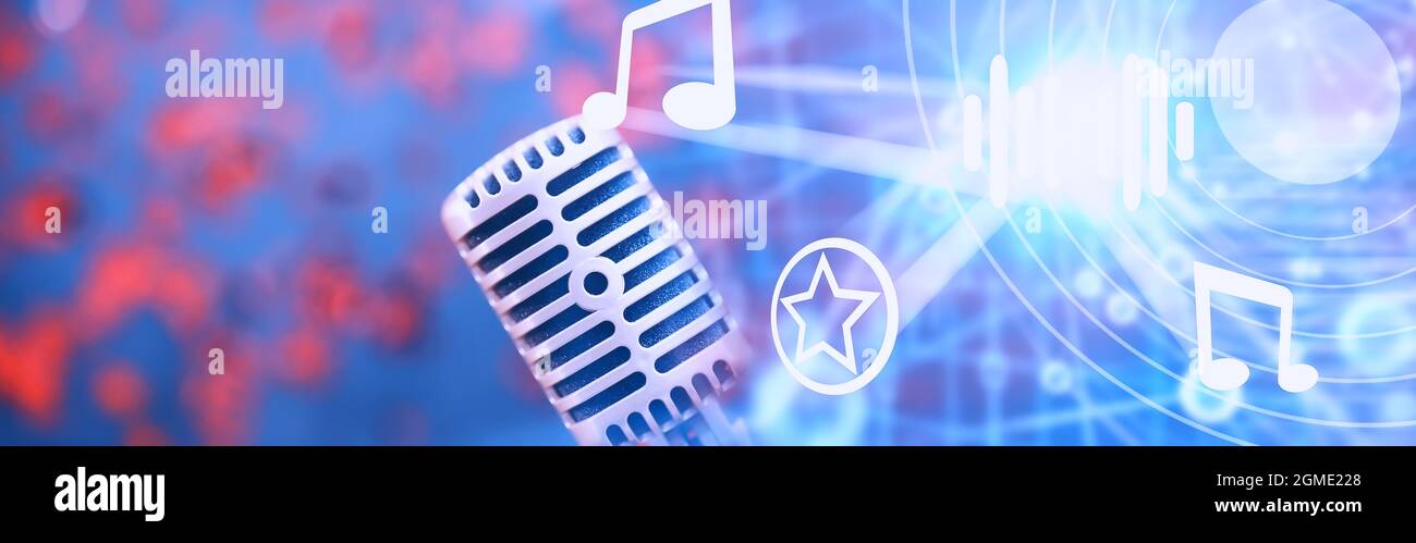 The concept of media presentations. Retro microphone on background ...