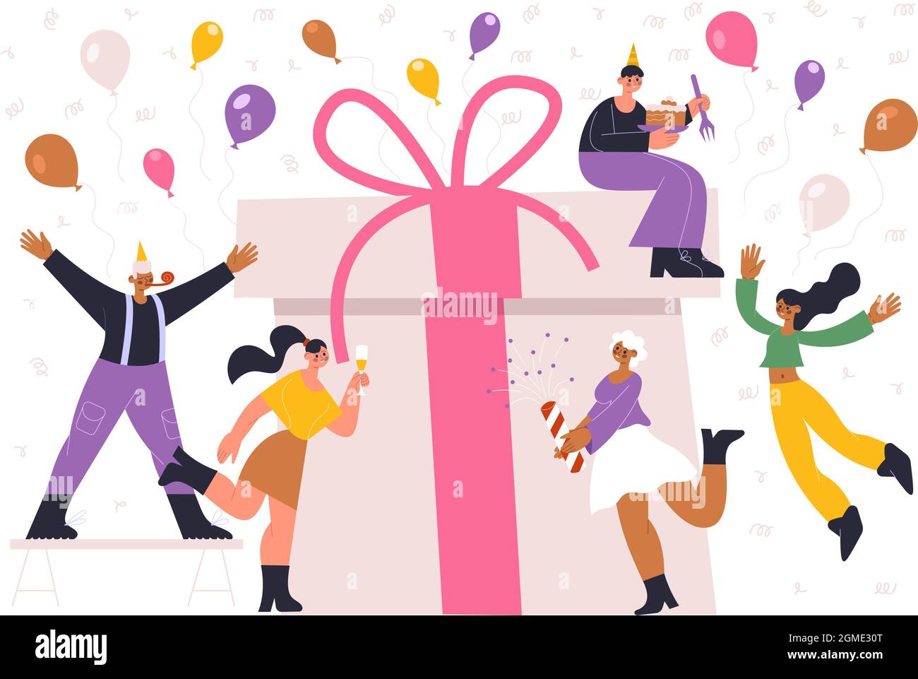 Birthday party holiday celebrating people and huge gift box. Your ...