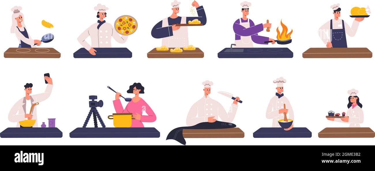 Restaurant chefs, cooks, food bloggers cooking dishes. Restaurant chefs ...