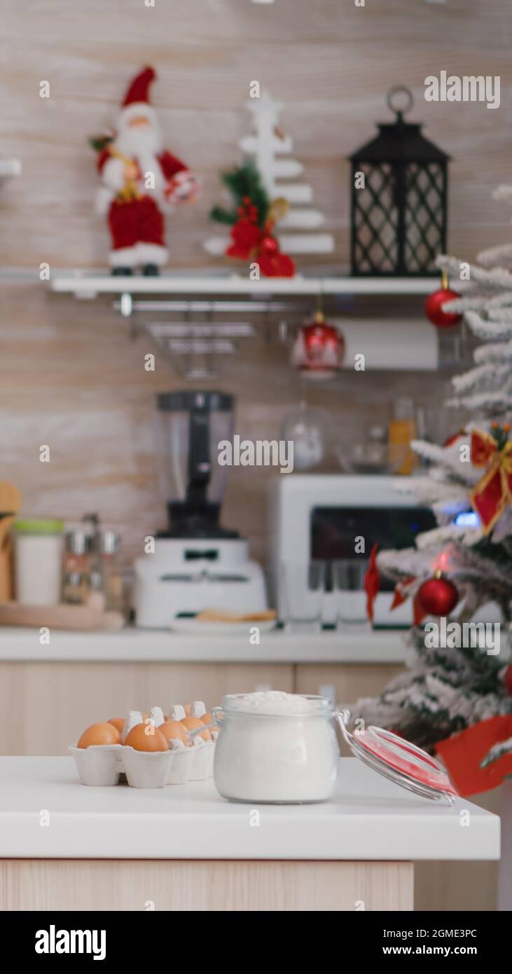 Empty christmas decorated culinary kitchen with nobody in it ready for ...