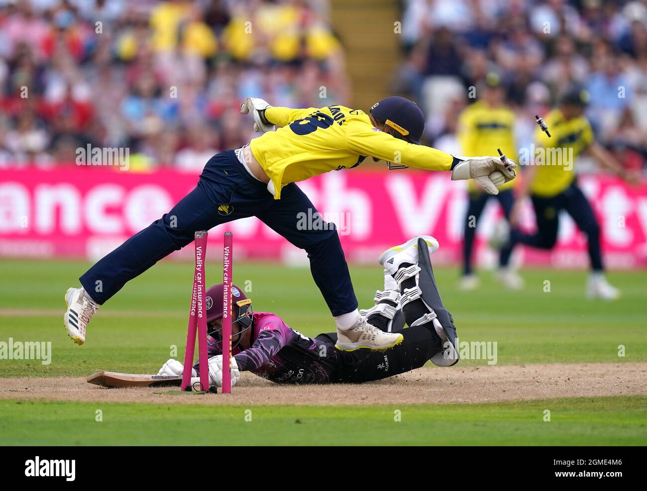 Somerset's Lewis Goldsworthy is run out by Hampshire's Lewis McManus ...