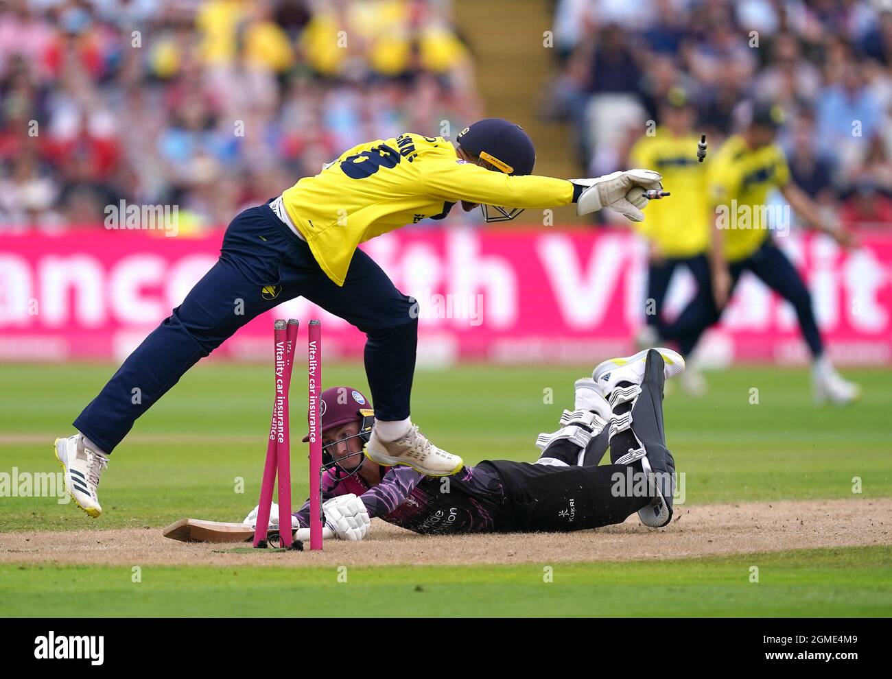 Somerset's Lewis Goldsworthy is run out by Hampshire's Lewis McManus ...