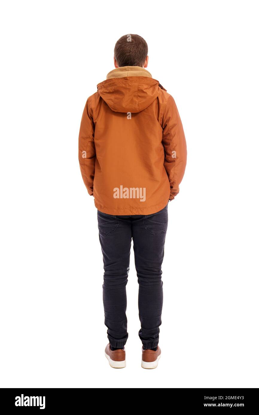 back view of full length handsome man in brown autumn jacket isolated ...