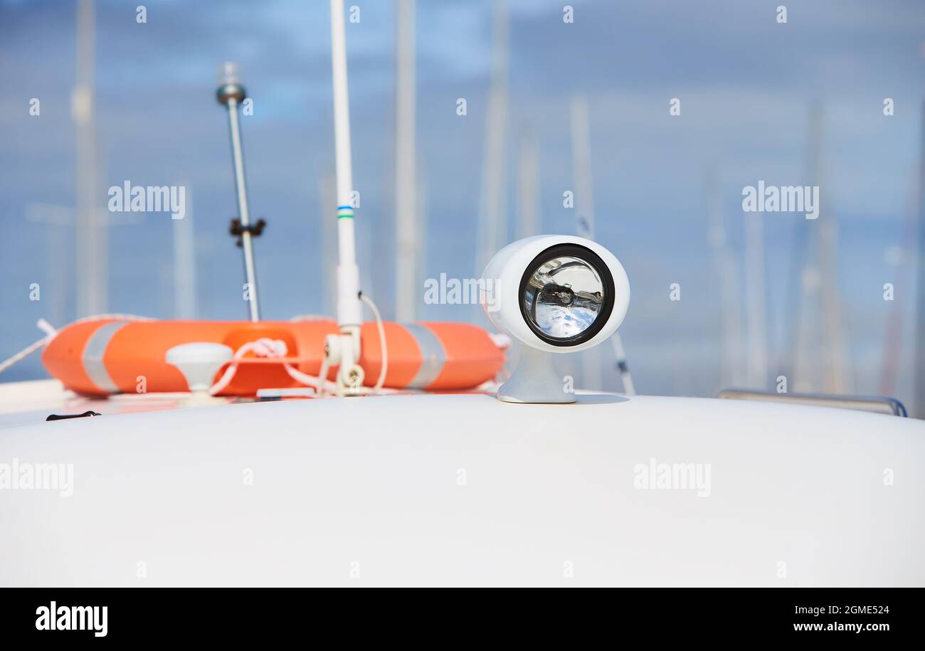 Flood light on the roof of a boat. Navigation light for travelling at ...