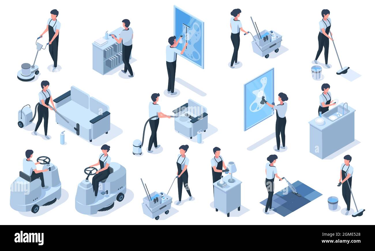 Isometric cleaning service professional workers characters. Cleaning ...