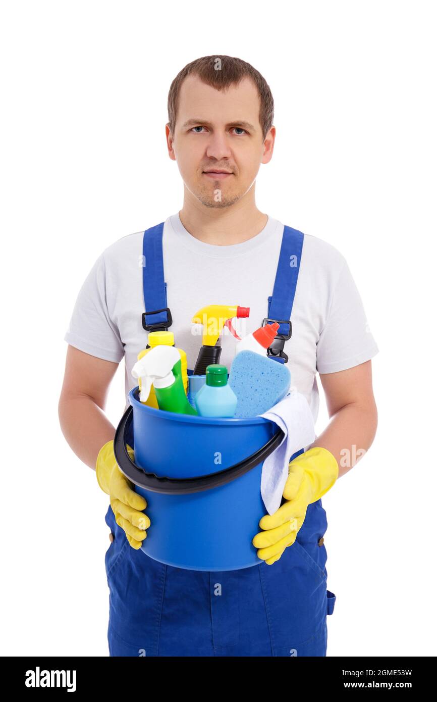 housework and cleaning concept - portrait of male cleaner in blue ...